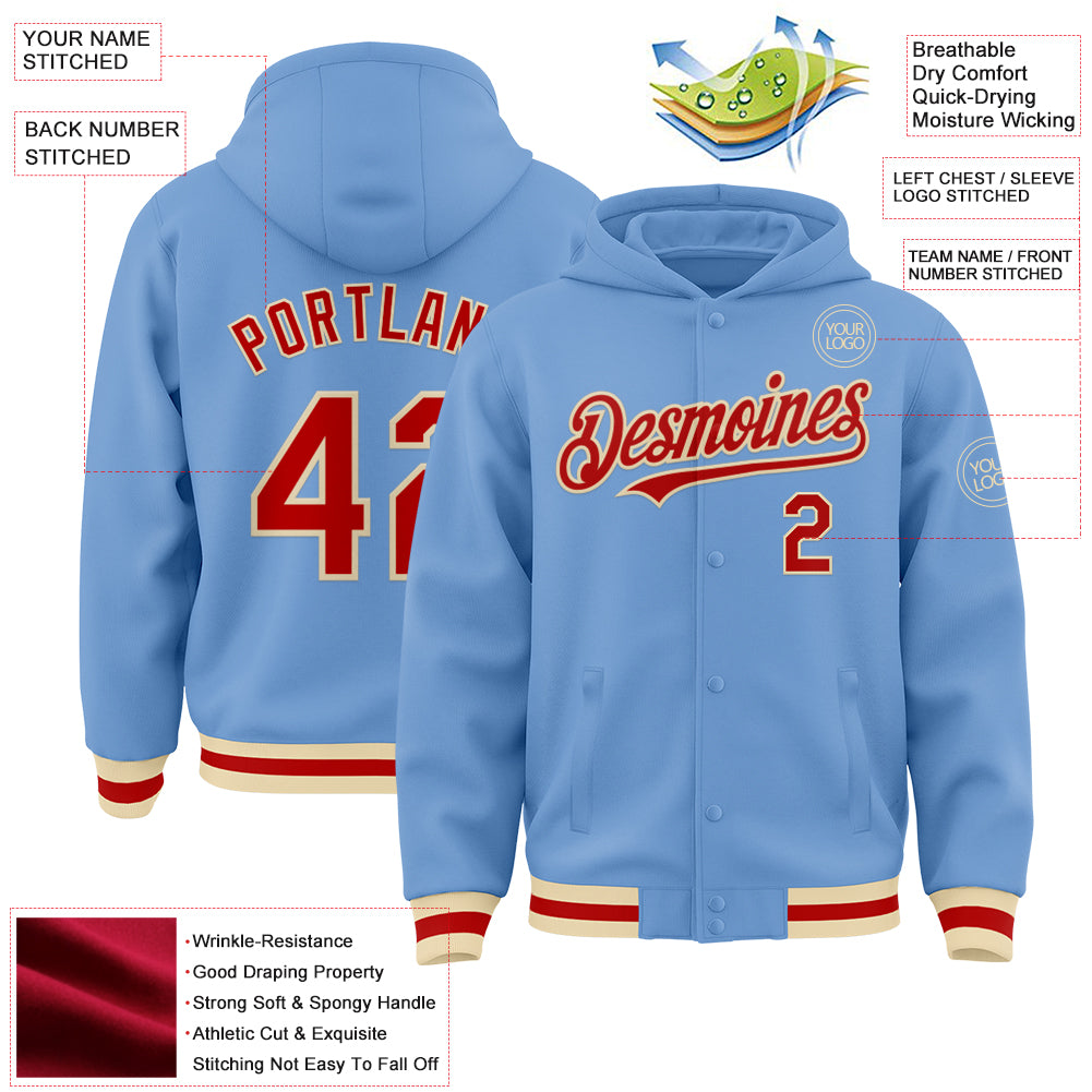 Custom Light Blue Red-Cream Bomber Full-Snap Varsity Letterman Hoodie ...