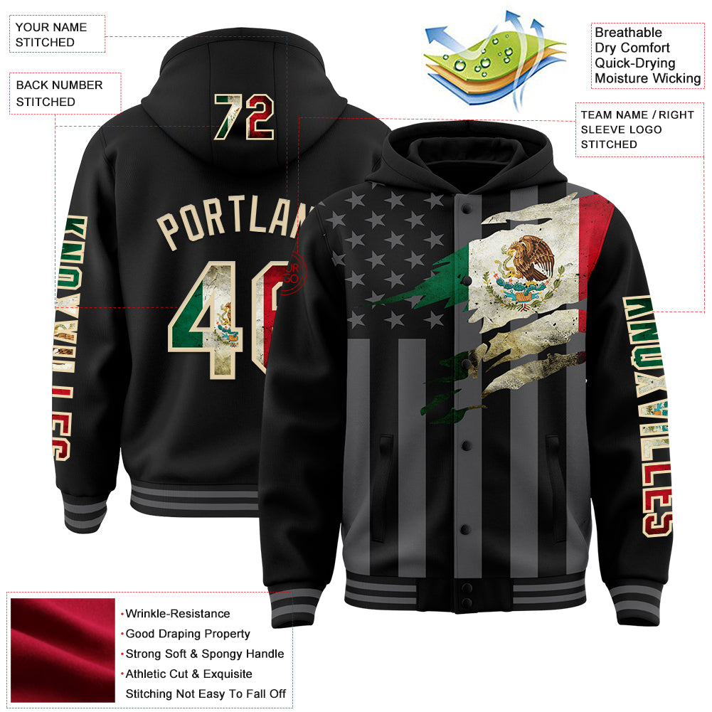 Custom Black Vintage Mexican Flag Cream-Gray Mexico 3D Bomber Full-Snap ...