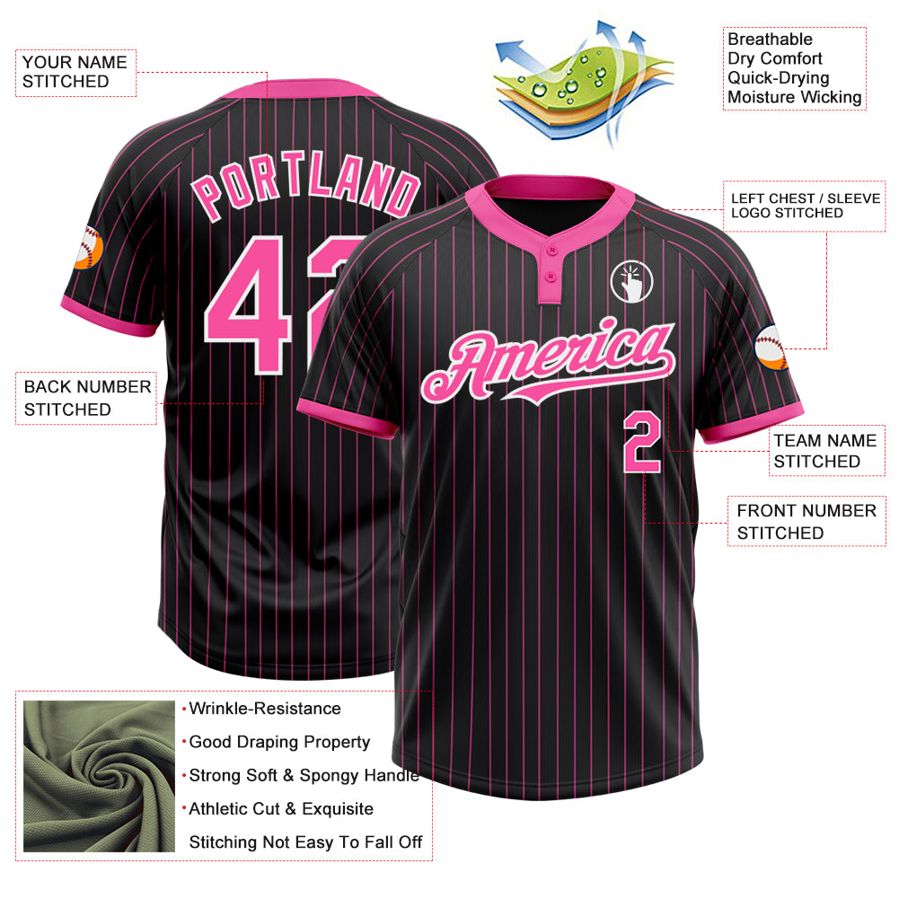 Custom Black Pink Pinstripe White Two-Button Unisex Softball Jersey ...