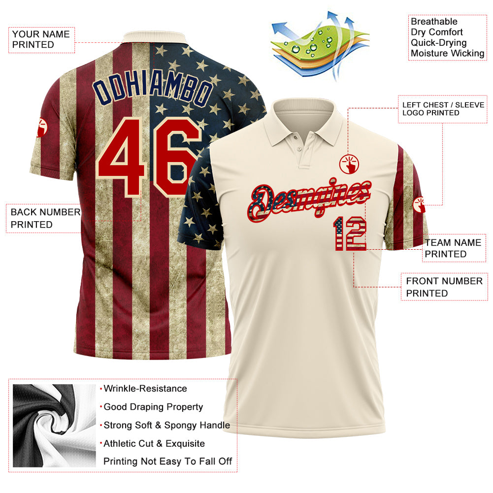 Custom Cream Red-Navy 3D American Flag Performance Golf Polo Shirt Sale ...