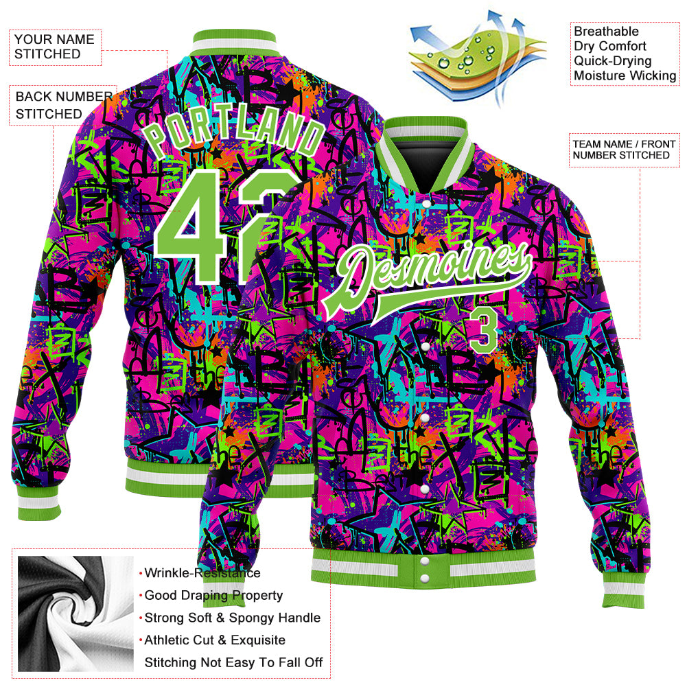 Custom Graffiti Pattern Neon Green-White 3D Bomber Full-Snap Varsity ...