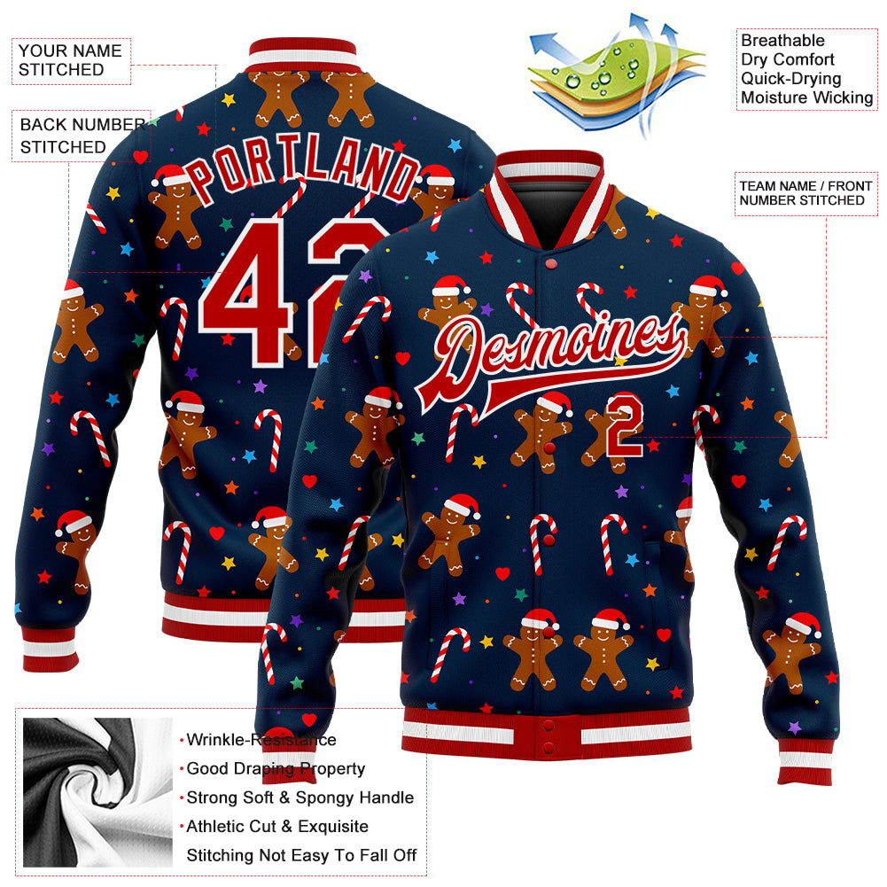 Custom Navy Red-White Christmas 3D Bomber Full-Snap Varsity Letterman ...