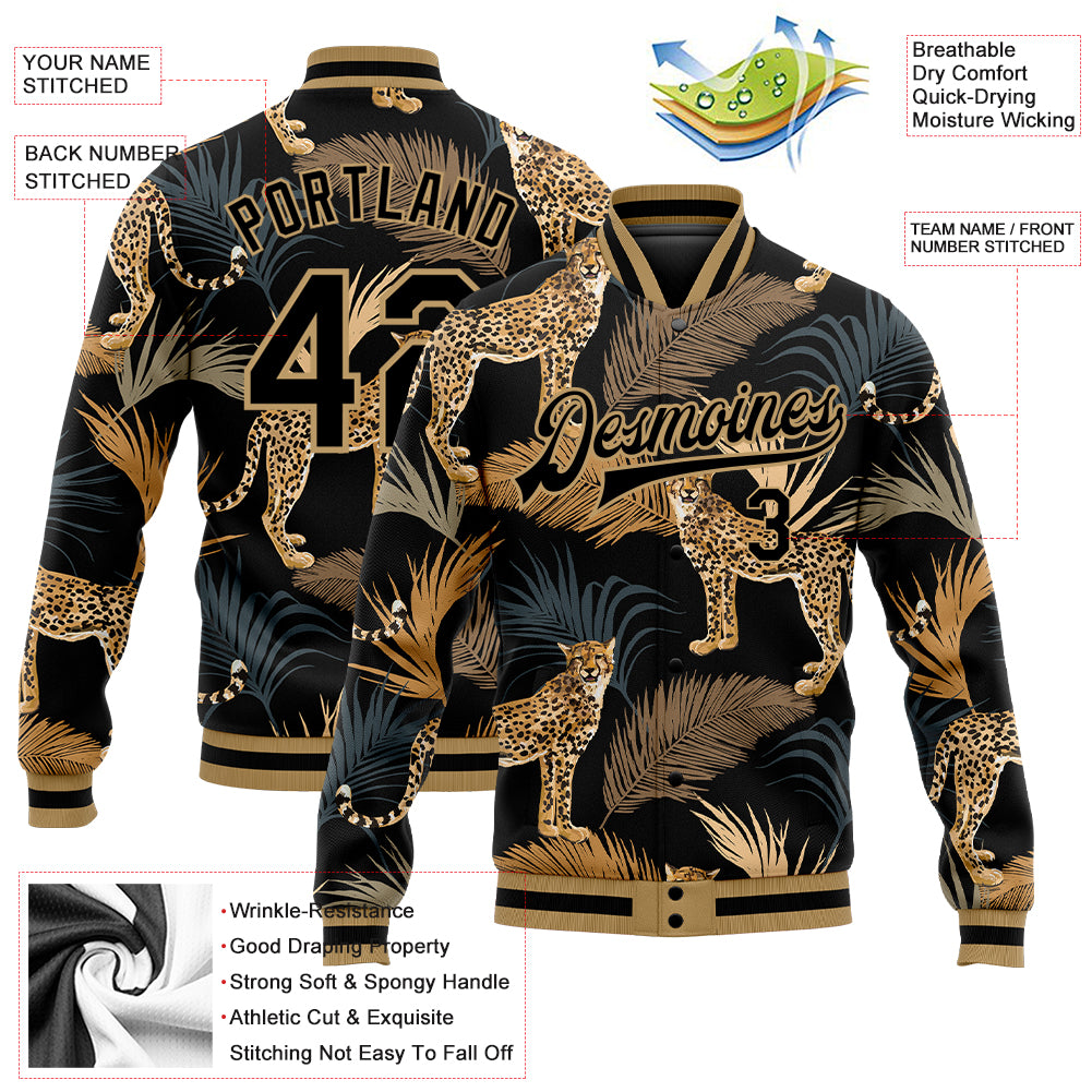 Custom Black Black-Old Gold Tropical Leopard With Palms 3D Pattern ...