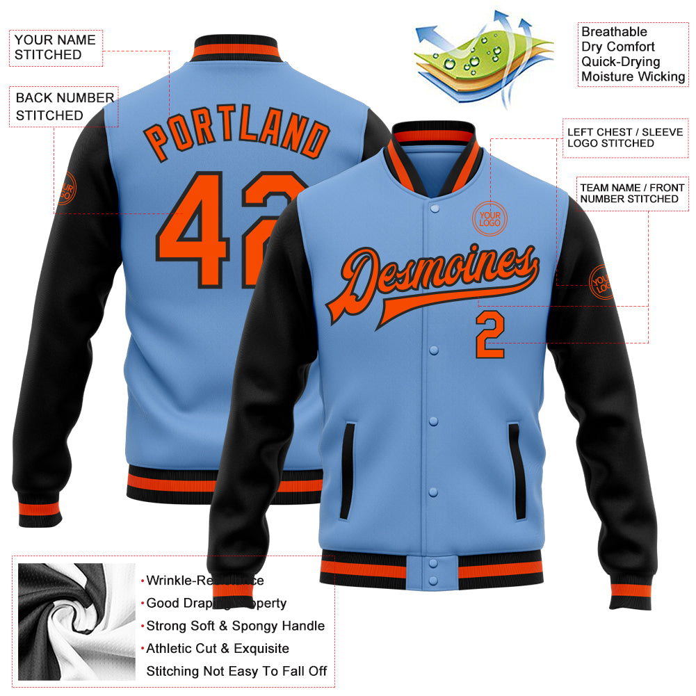 Custom Light Blue Orange-Black Bomber Full-Snap Varsity Letterman Two ...