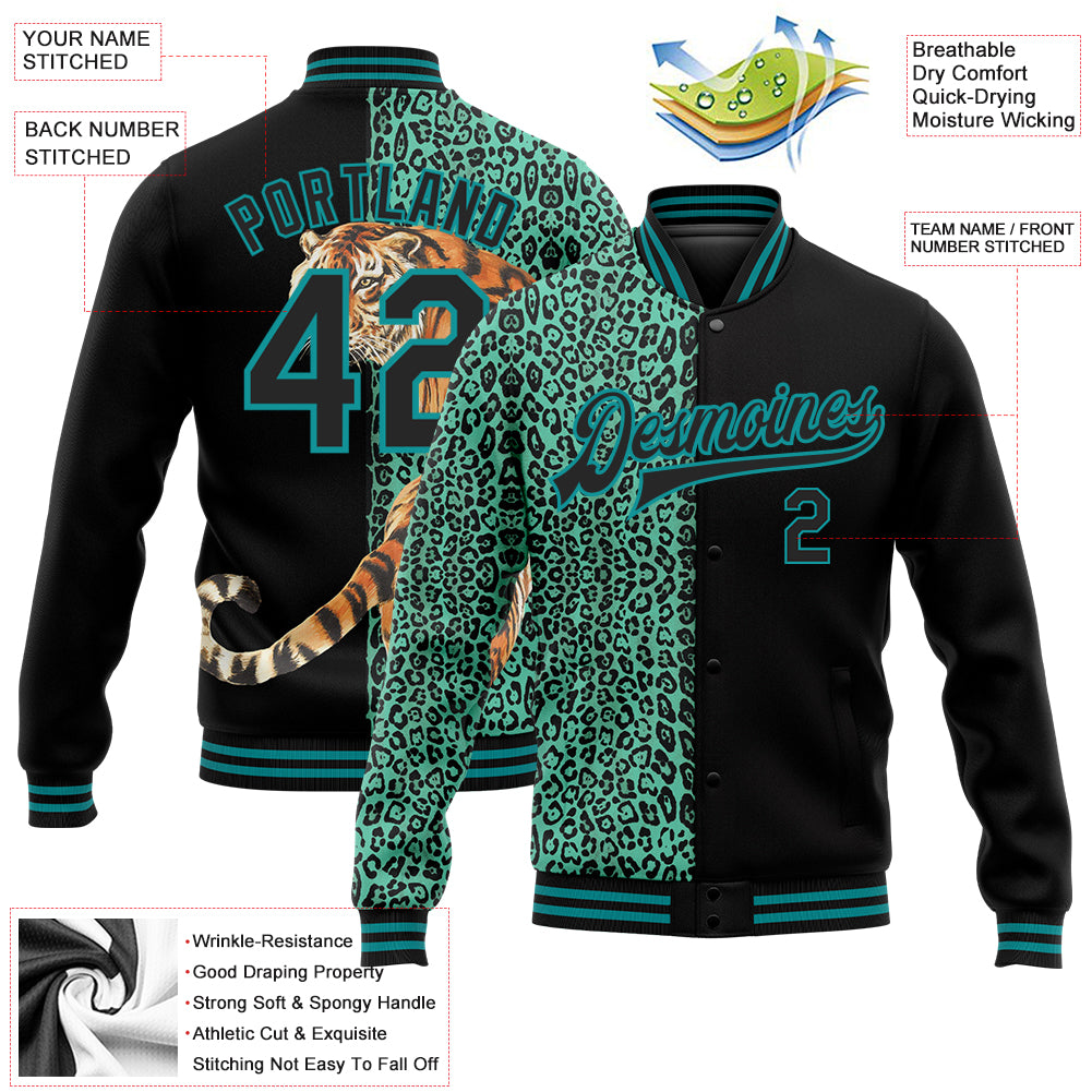 Custom Black Teal Tiger And Leopard Print 3D Pattern Design Bomber Full ...