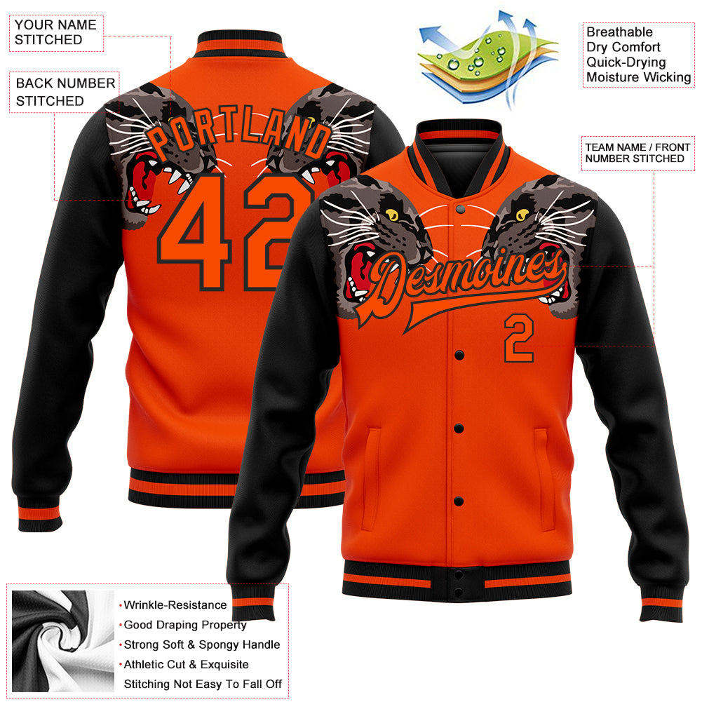 Custom Orange Black Leopard 3D Pattern Design Bomber Full-Snap Varsity ...