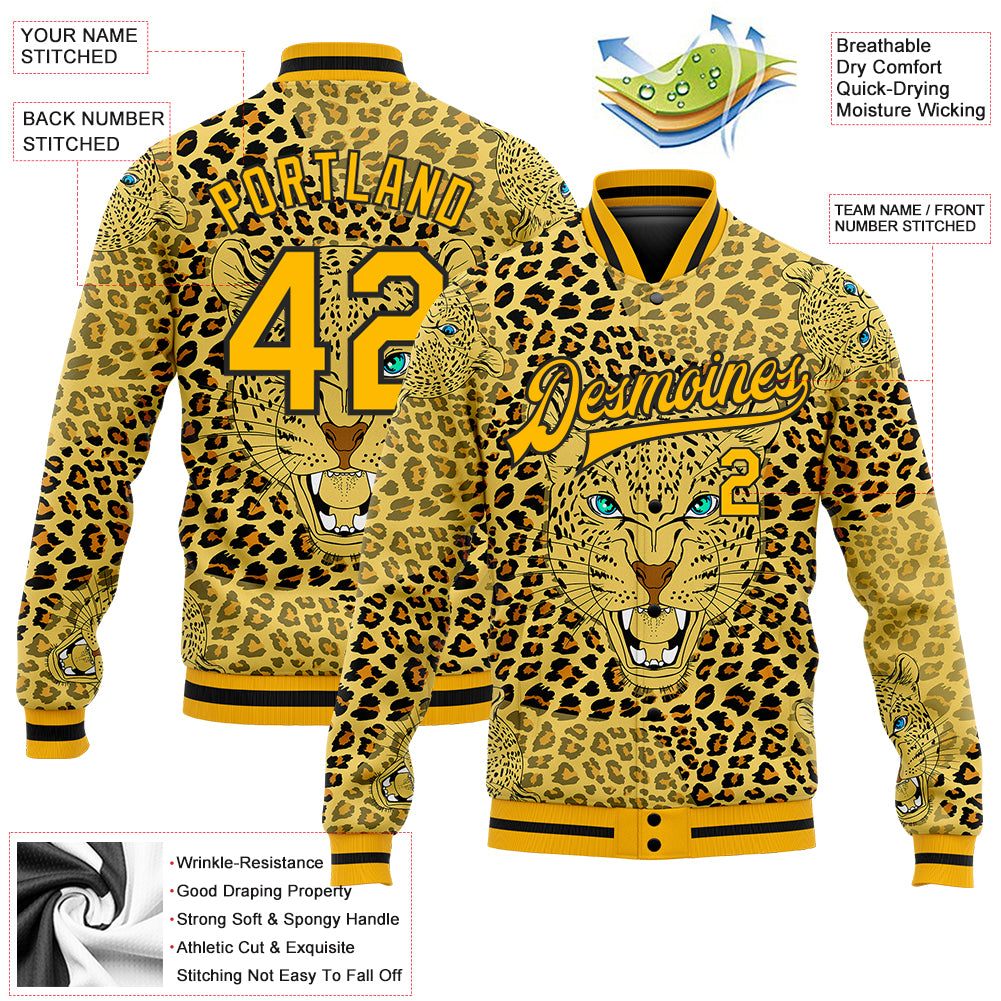 Custom Gold Black Leopard 3D Pattern Design Bomber Full-Snap Varsity ...