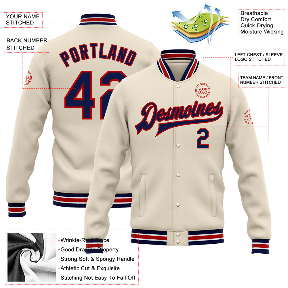 Custom Cream Navy-Red Bomber Full-Snap Varsity Letterman Jacket Sale ...