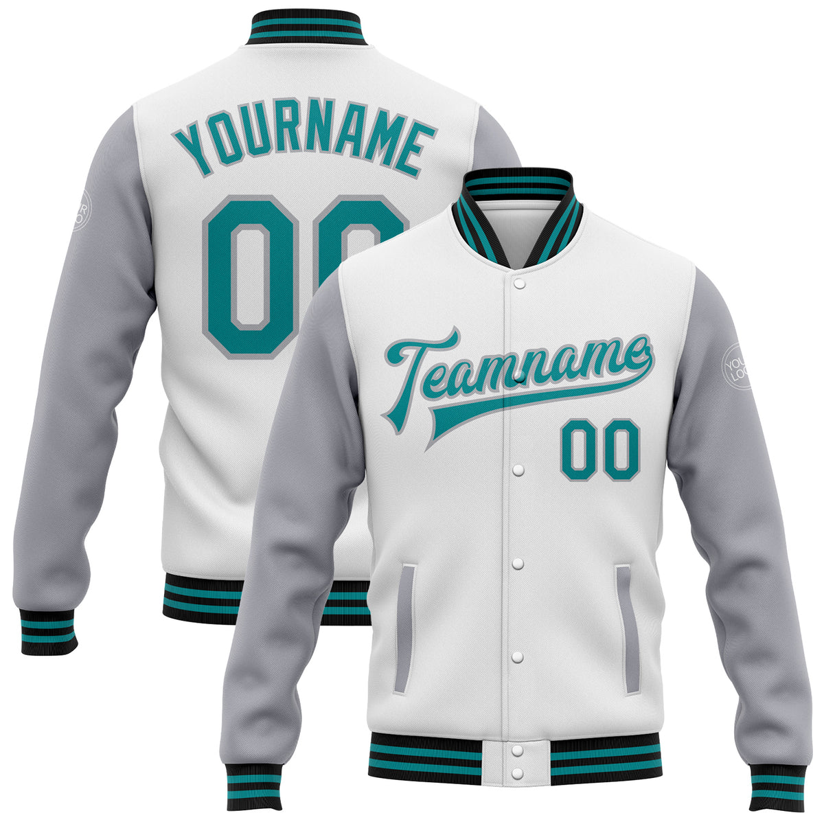Custom White Teal Gray-Black Bomber Full-Snap Varsity Letterman Two ...