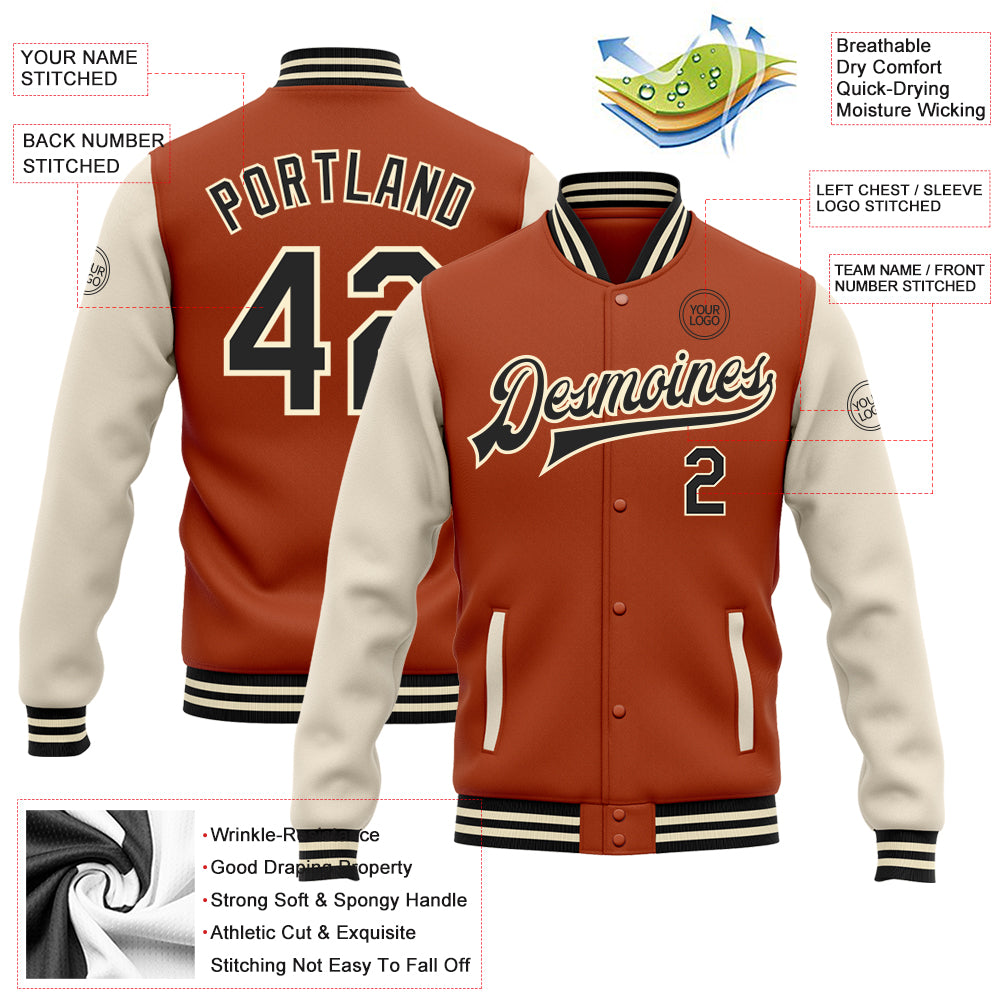 Custom Texas Orange Black-Cream Bomber Full-Snap Varsity Letterman Two ...