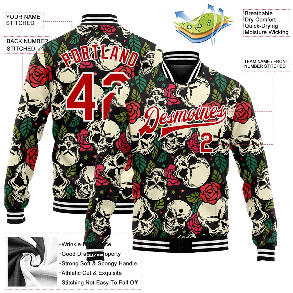 Custom Black Red-White Skull And Rose 3D Bomber Full-Snap Varsity ...