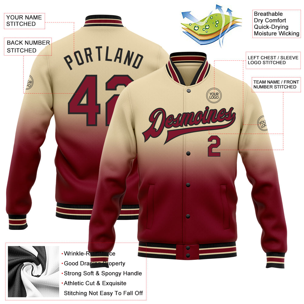 Custom City Cream Crimson-Black Bomber Full-Snap Varsity Letterman Fade ...