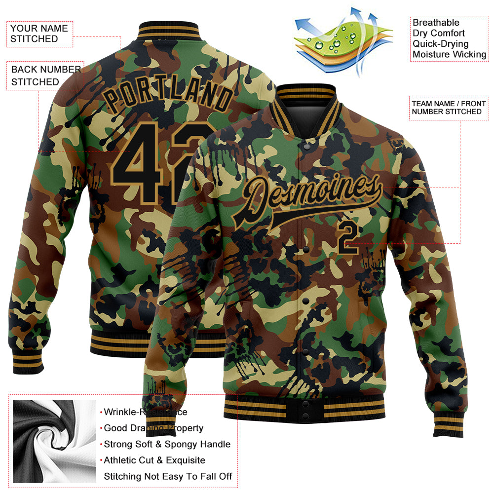 Custom Camo Black-Old Gold Graffiti Drips 3D Pattern Design Bomber Full ...