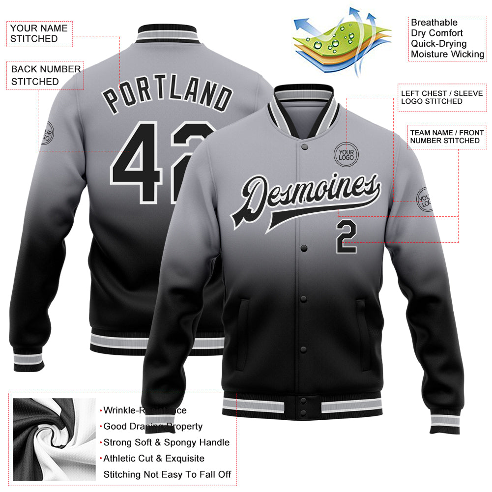 Custom Gray Black-White Bomber Full-Snap Varsity Letterman Fade Fashion ...