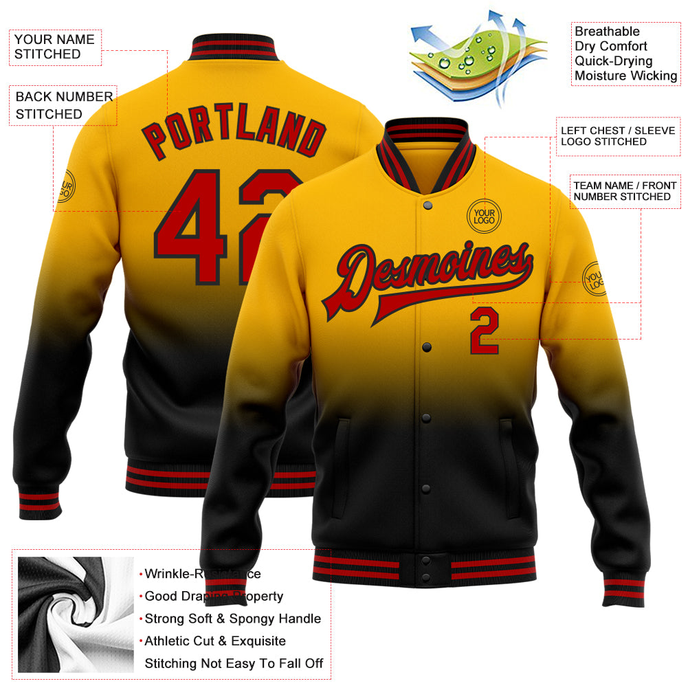 Custom Gold Red-Black Bomber Full-Snap Varsity Letterman Fade Fashion ...