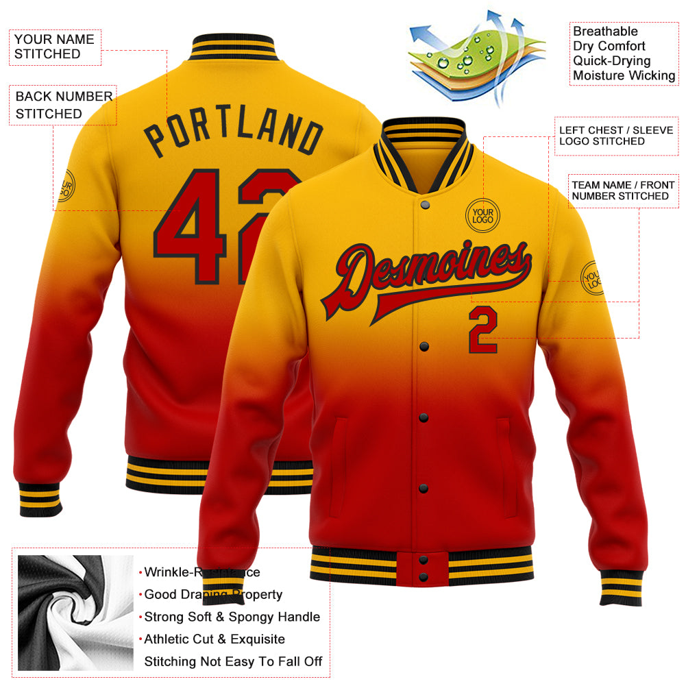 Custom Gold Red-Black Bomber Full-Snap Varsity Letterman Fade Fashion ...