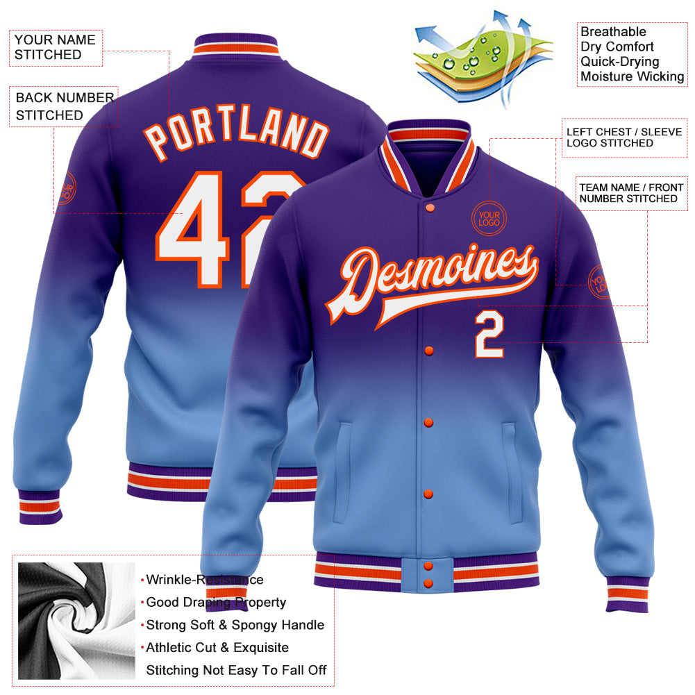 Custom Purple White Light Blue-Orange Bomber Full-Snap Varsity ...