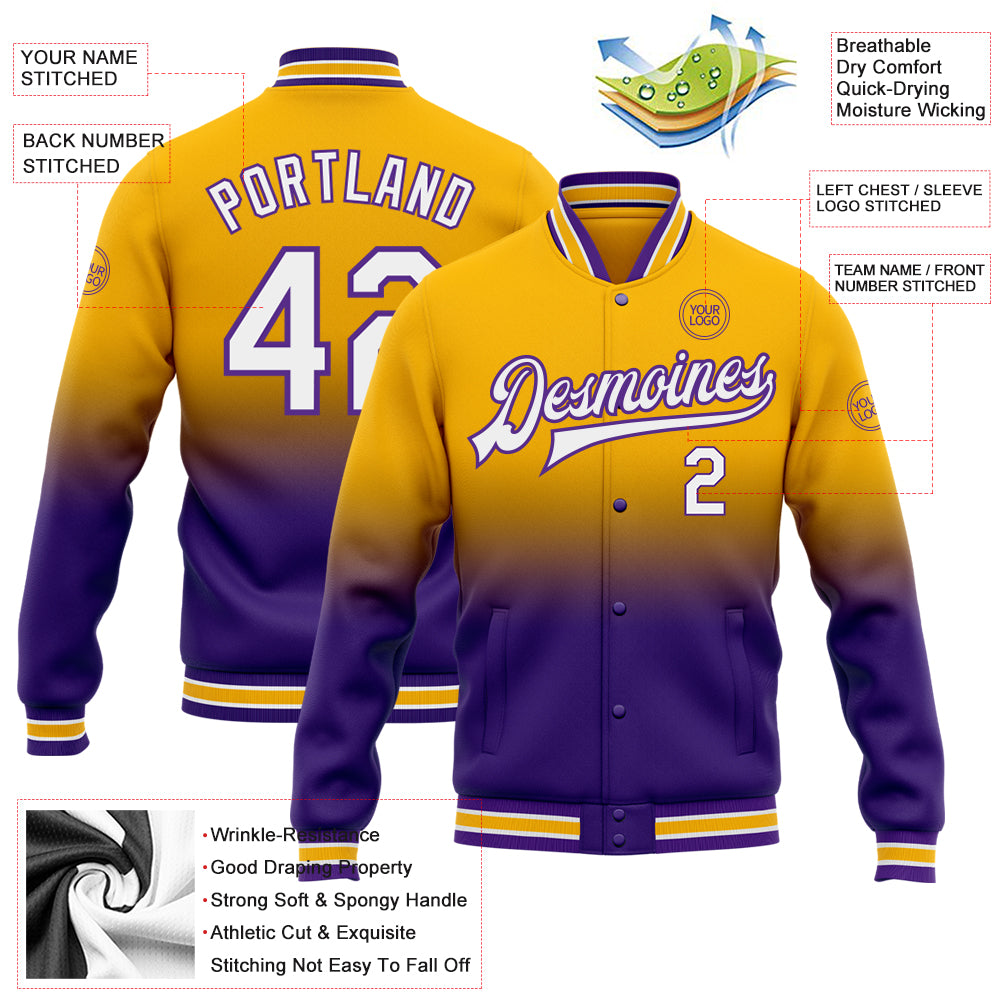 Custom Gold White-Purple Bomber Full-Snap Varsity Letterman Fade ...