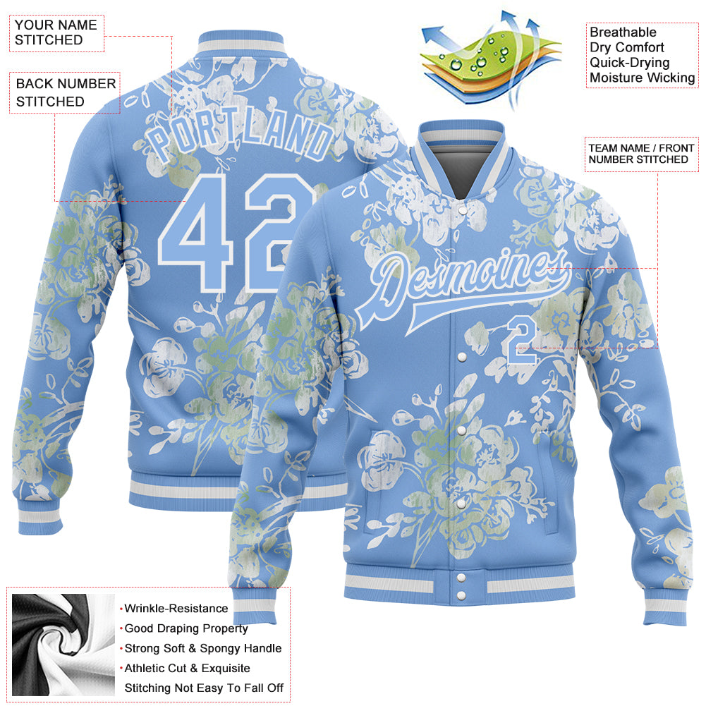 Custom Light Blue White Plant And Flower 3D Pattern Design Bomber Full ...
