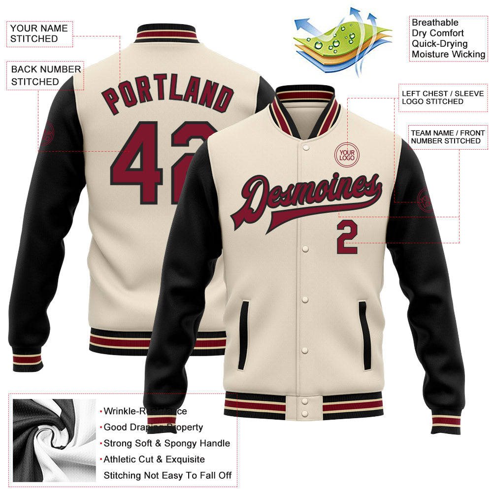 Custom Cream Crimson Black-City Cream Bomber Full-Snap Varsity ...
