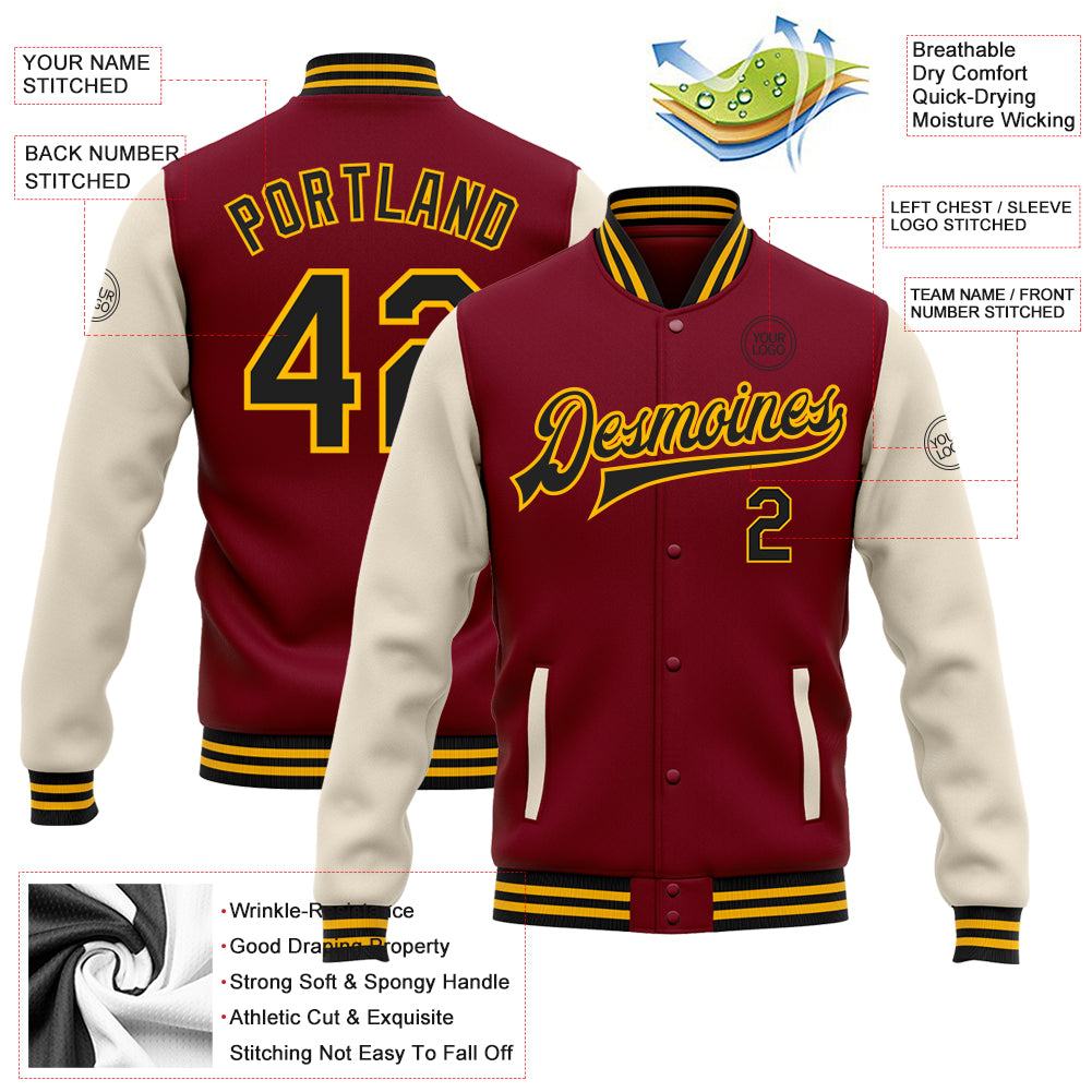Custom Crimson Black Cream-Gold Bomber Full-Snap Varsity Letterman Two ...