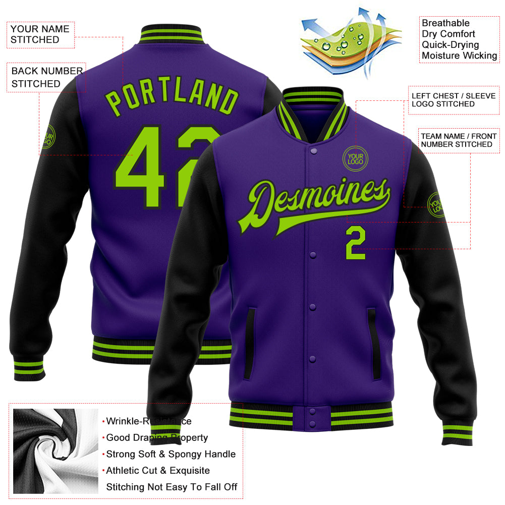 Custom Purple Neon Green-Black Bomber Full-Snap Varsity Letterman Two ...