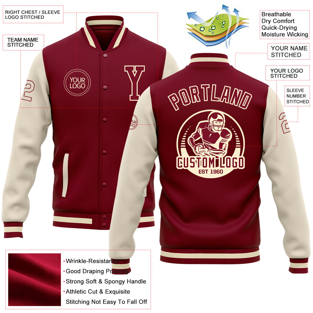 Custom Crimson Cream-Maroon Bomber Full-Snap Varsity Letterman Two Tone ...