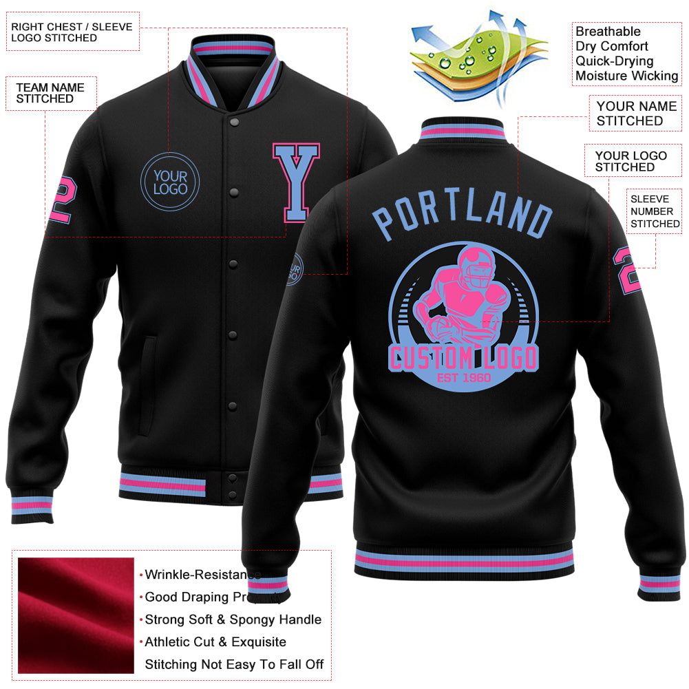 Custom Black Light Blue-Pink Bomber Full-Snap Varsity Letterman Jacket ...