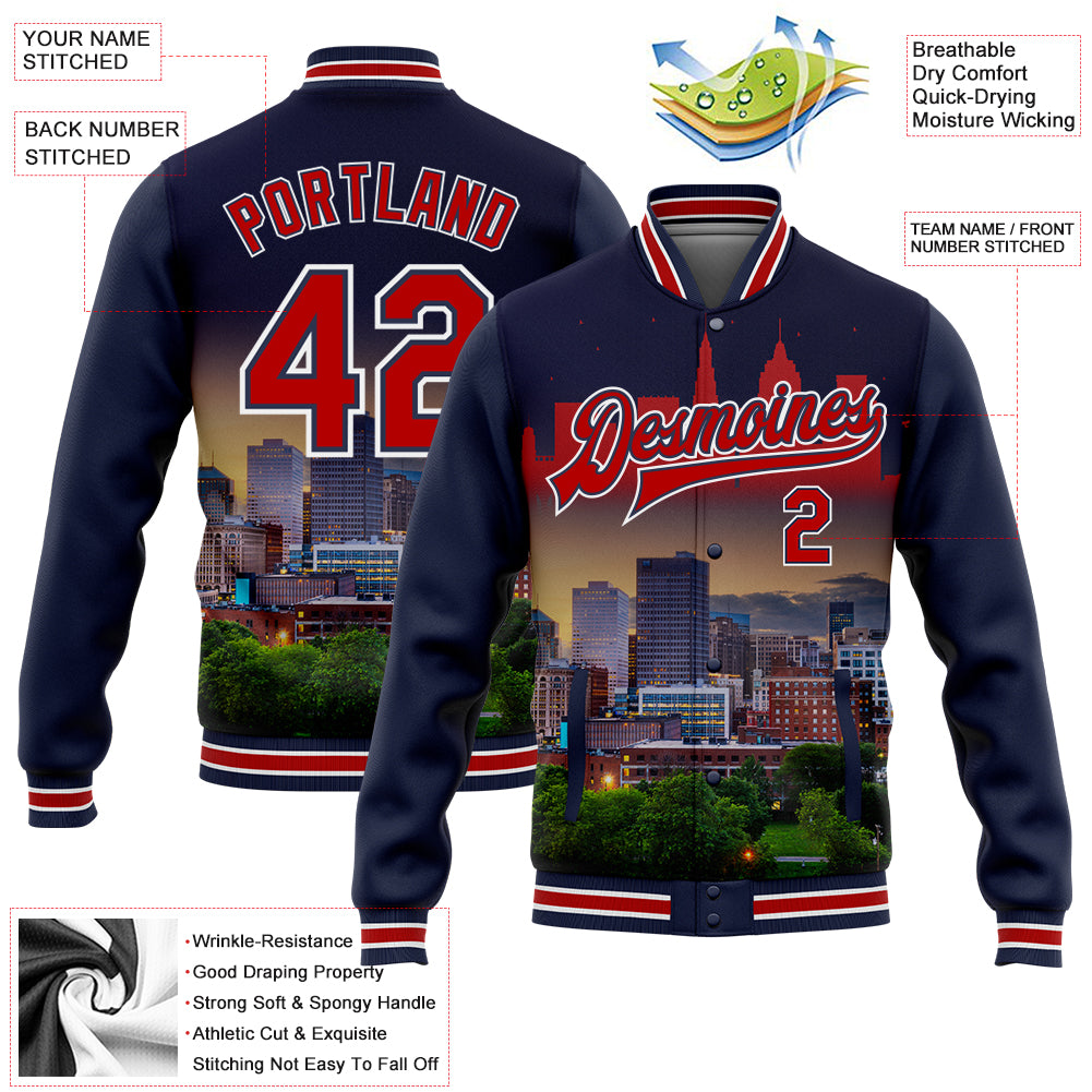 Custom Navy Red-White Cleveland Ohio City Edition 3D Bomber Full-Snap ...