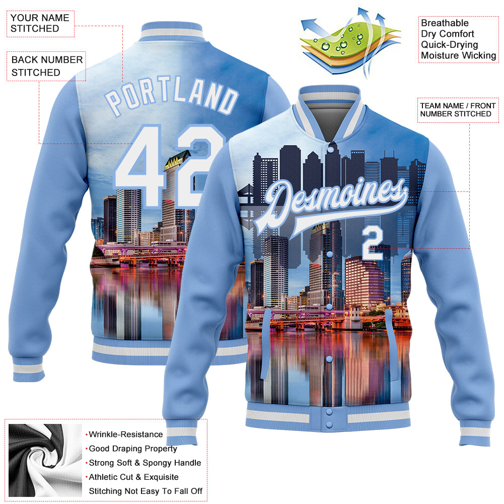 Custom Light Blue White Tampa Florida City Edition 3D Bomber Full-Snap ...