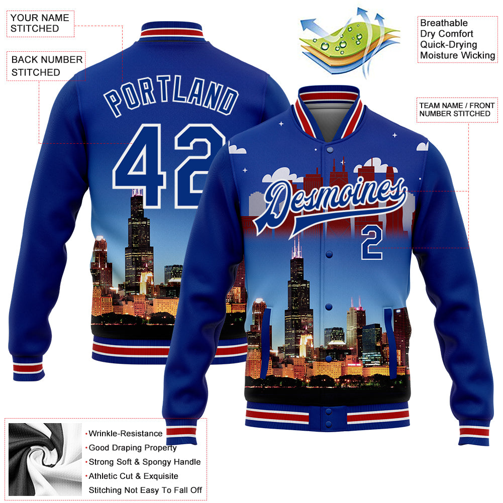 Custom Royal Red-White Chicago Illinois City Edition 3D Bomber Full ...
